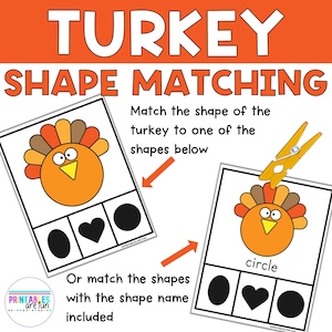 Thanksgiving Turkey 2D Shape Matching Clip Cards | Printable Math ...