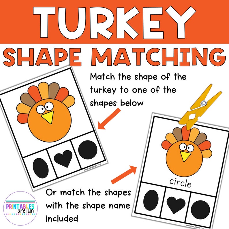 Thanksgiving Turkey 2D Shape Matching Clip Cards | Printable Math ...