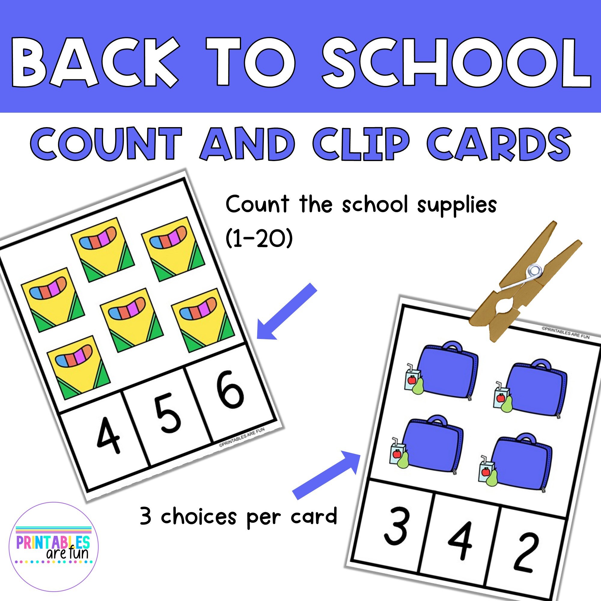 Back to School Count and Clip Cards 1-20 | Math Task Cards | Printable ...