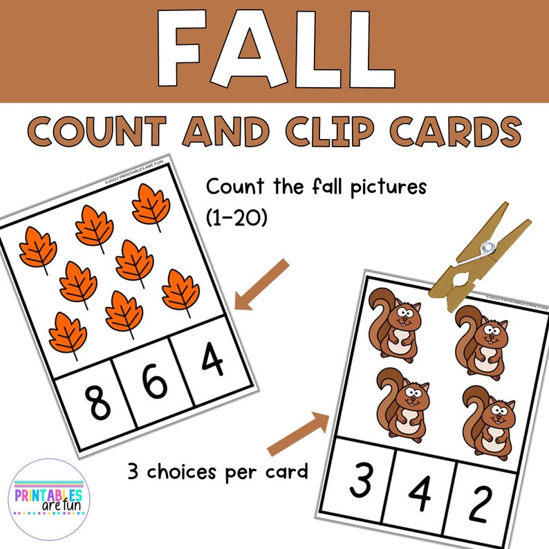 Fall Count and Clip Cards 1-20 Printable Activity Preschool - Etsy