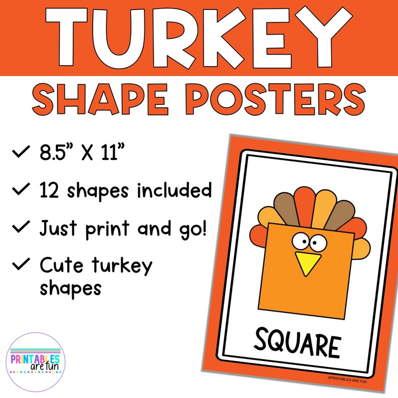 Thanksgiving Turkey 2D Shape Posters and Flash Cards | Printable Math ...