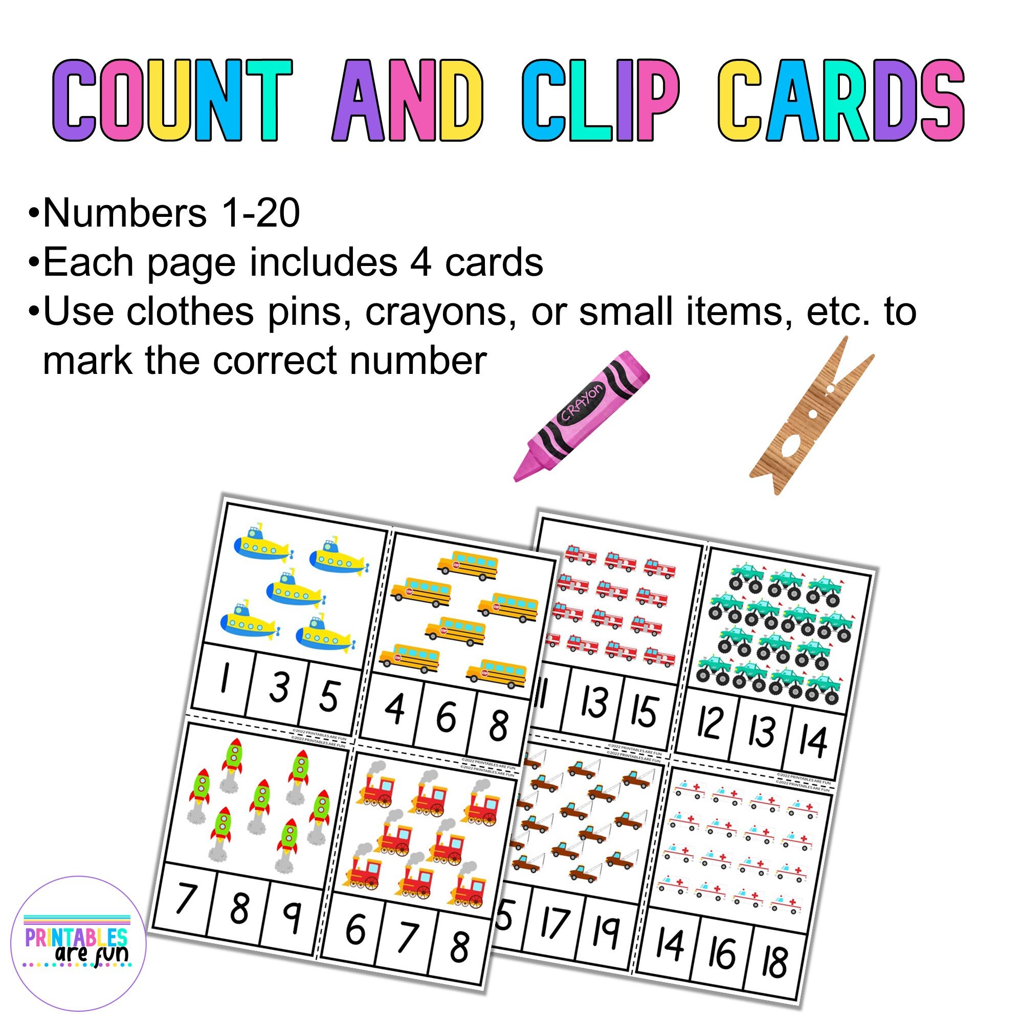 Transportation Count and Clip Cards 1-20 |math Task Cards | Printable ...