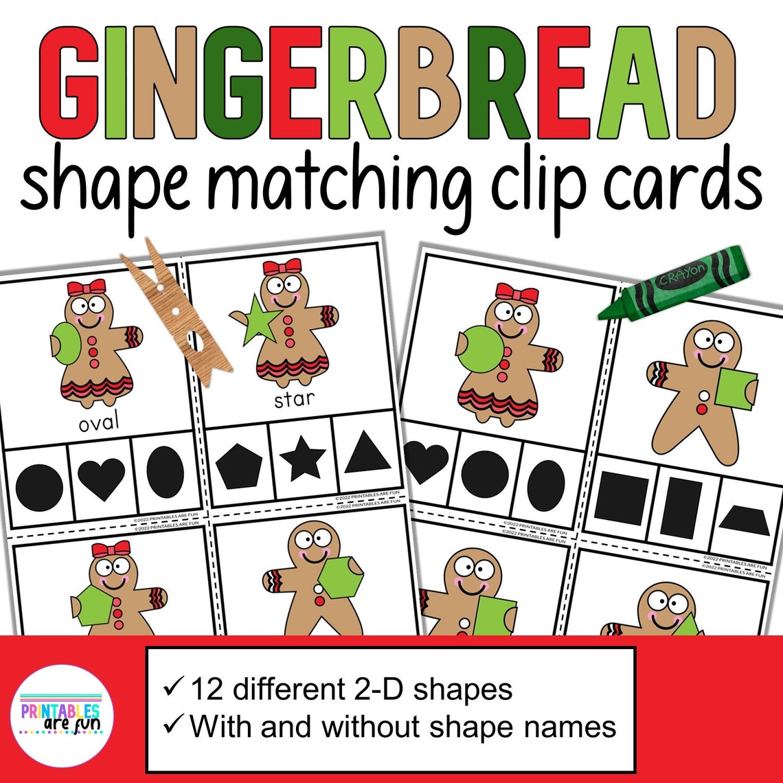 Gingerbread Holiday 2D Shape Matching Clip Cards Printable - Etsy