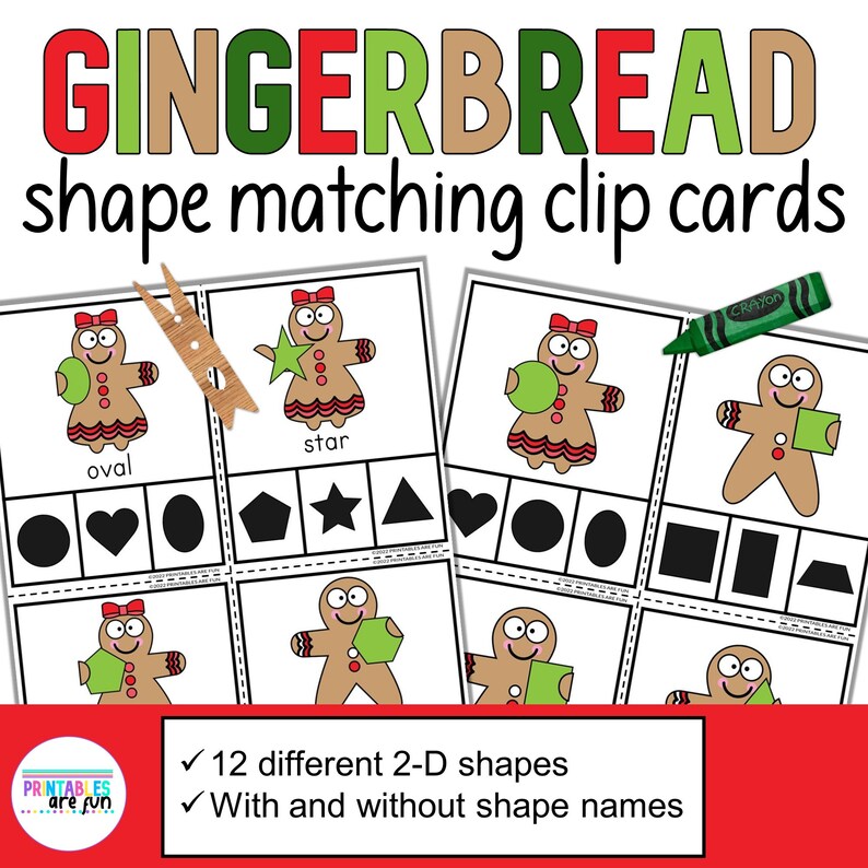 Gingerbread Holiday 2D Shape Matching Clip Cards Printable - Etsy