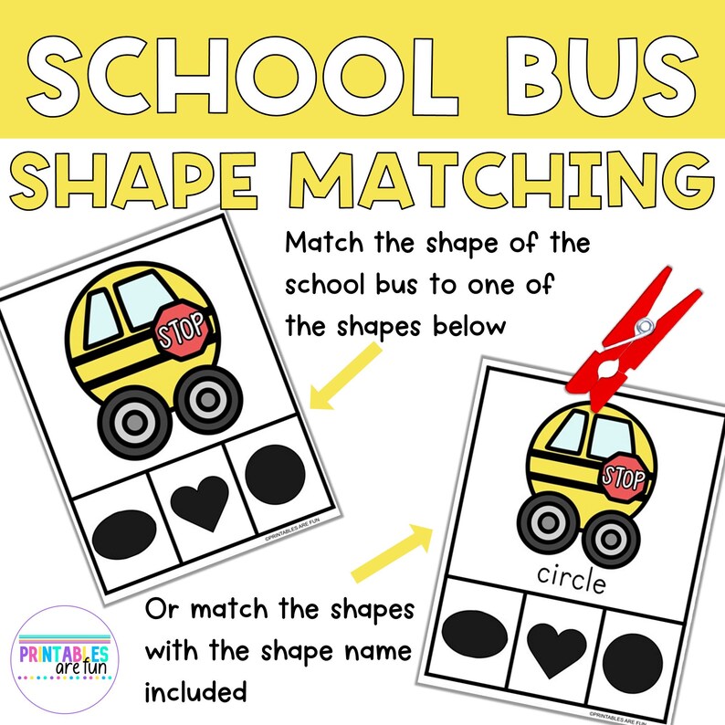 School Bus 2D Shape Matching Clip Cards | Printable Math Activity for ...