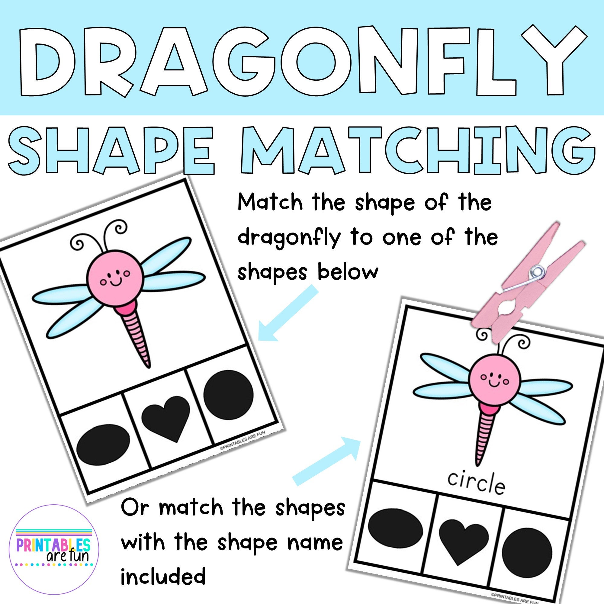 Dragonfly 2D Shape Matching Clip Cards Printable Math Activity for ...