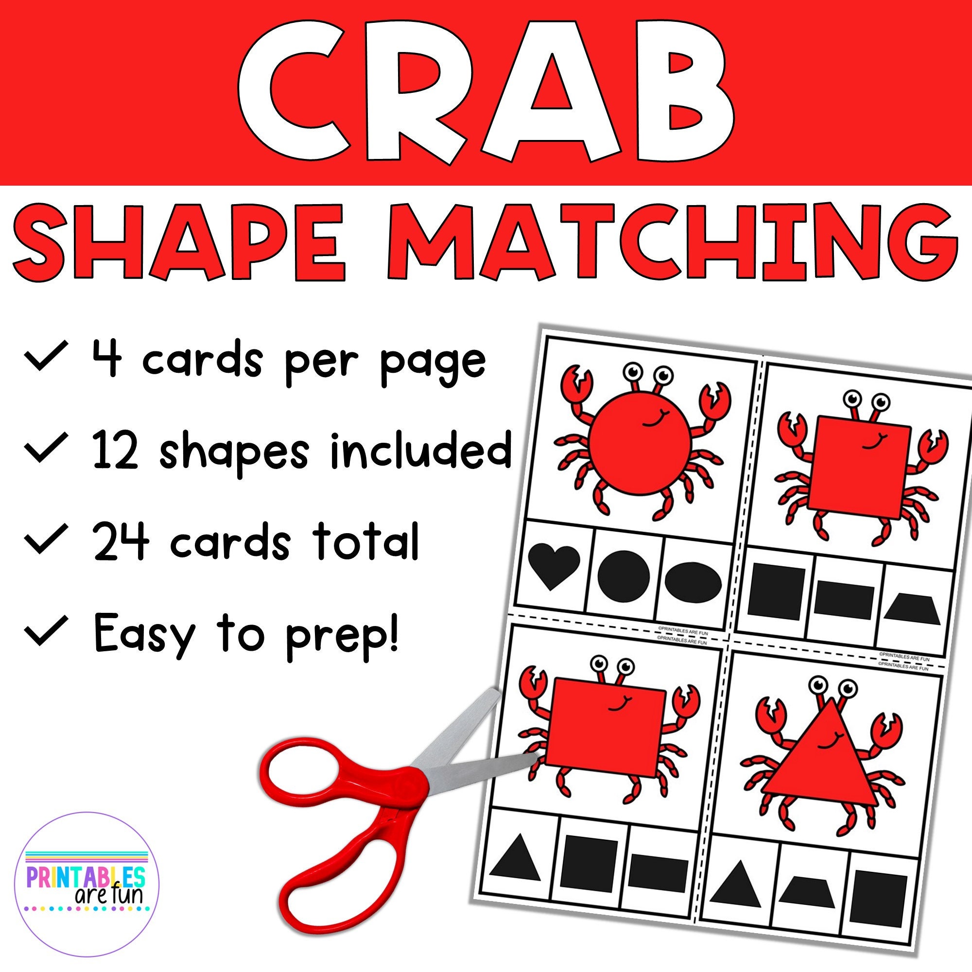 Crab 2D Shape Matching Clip Cards | Printable Math Activity for ...