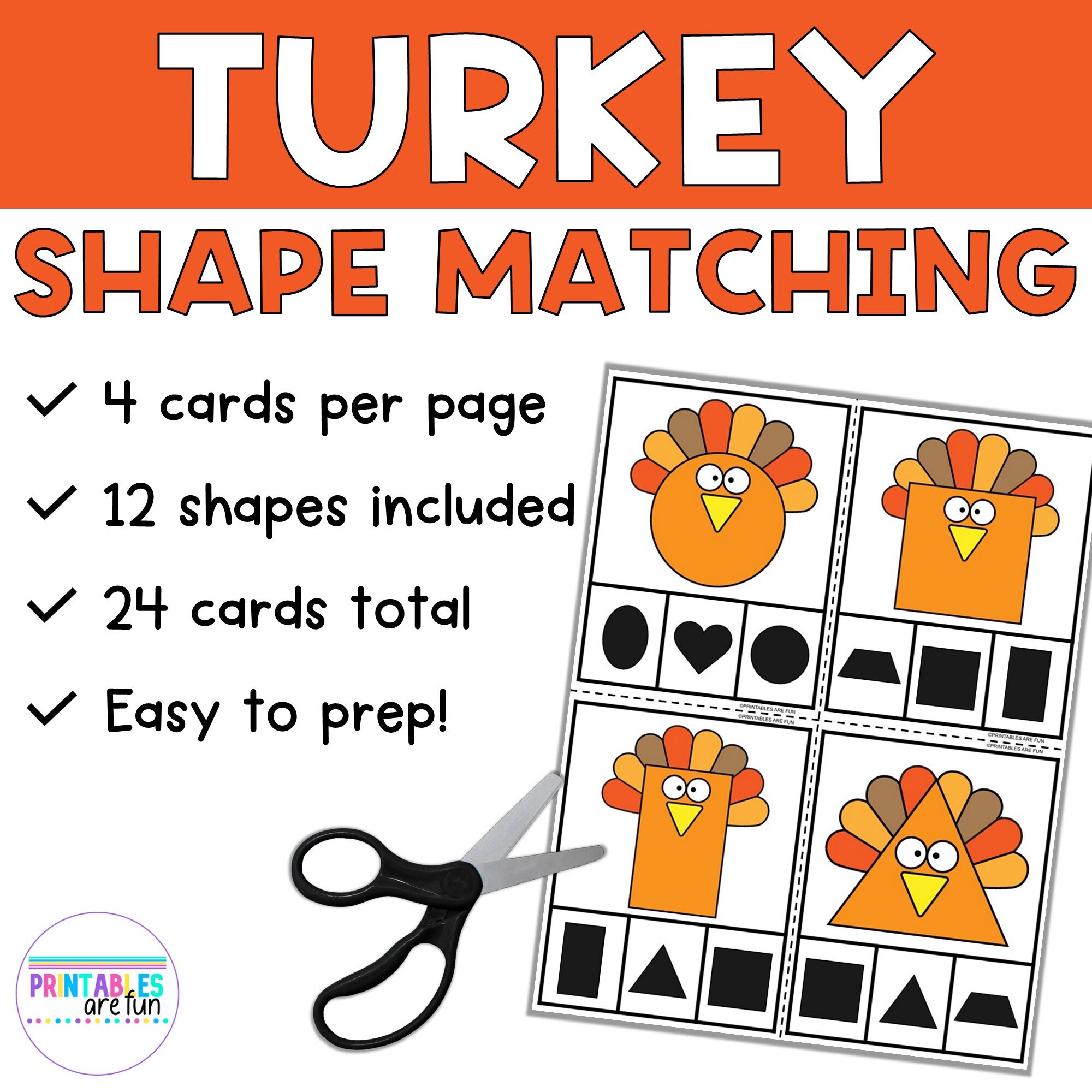 Thanksgiving Turkey 2D Shape Matching Clip Cards | Printable Math ...