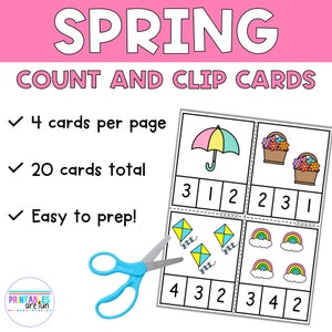 Spring Count and Clip Cards 1-20 | Math Task Cards | Printable Counting ...