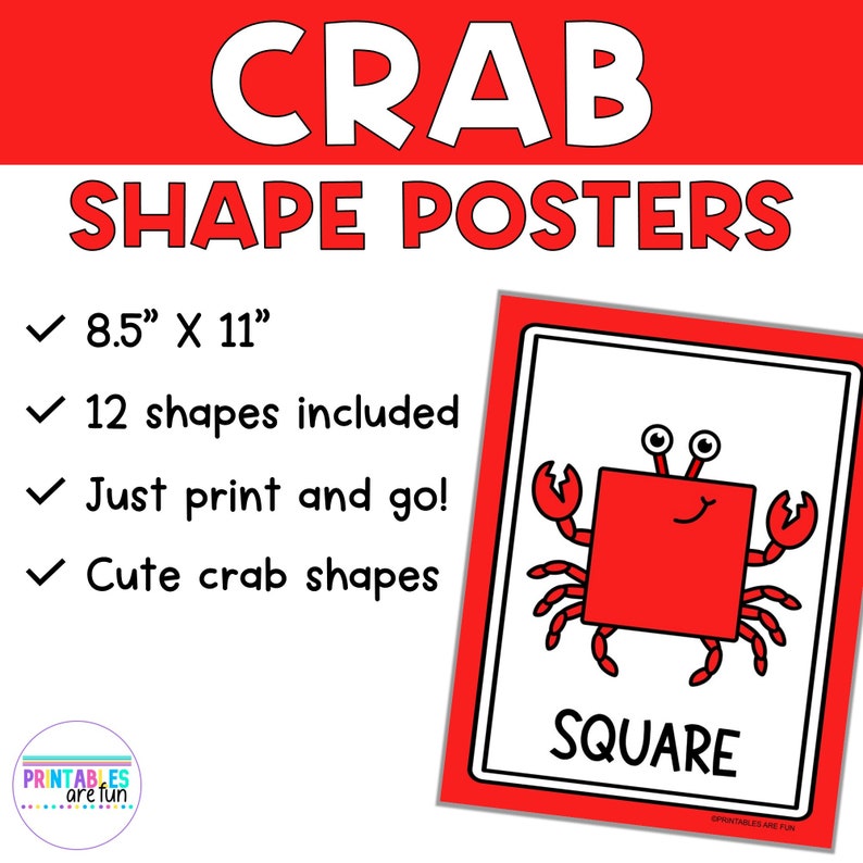 Crab 2D Shape Posters and Flash Cards Printable Math Activity for ...