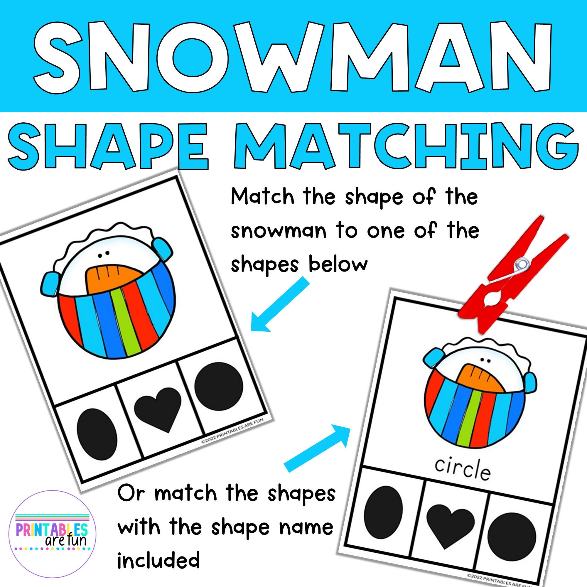 Winter Snowman 2D Shape Matching Clip Cards | Printable Math Activity ...