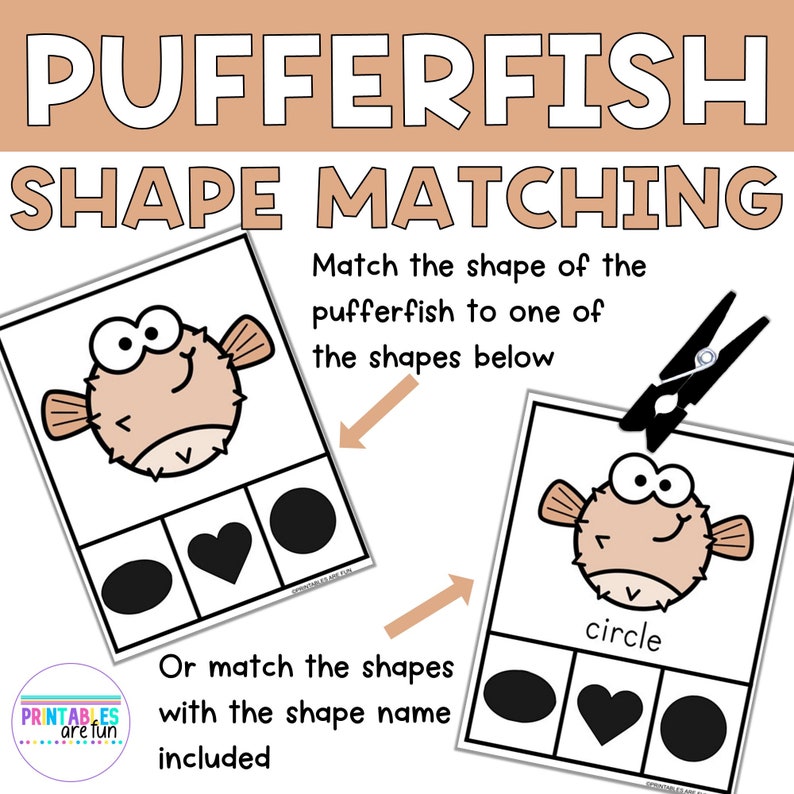 Pufferfish 2D Shape Matching Clip Cards | Printable Math Activity for ...