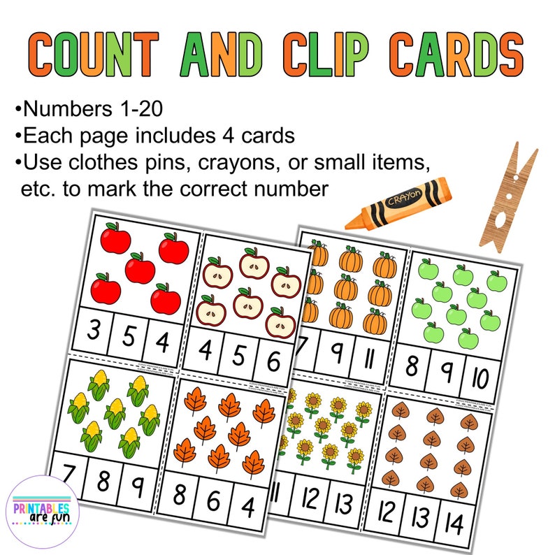 Fall Count and Clip Cards 1-20 Printable Activity Preschool - Etsy