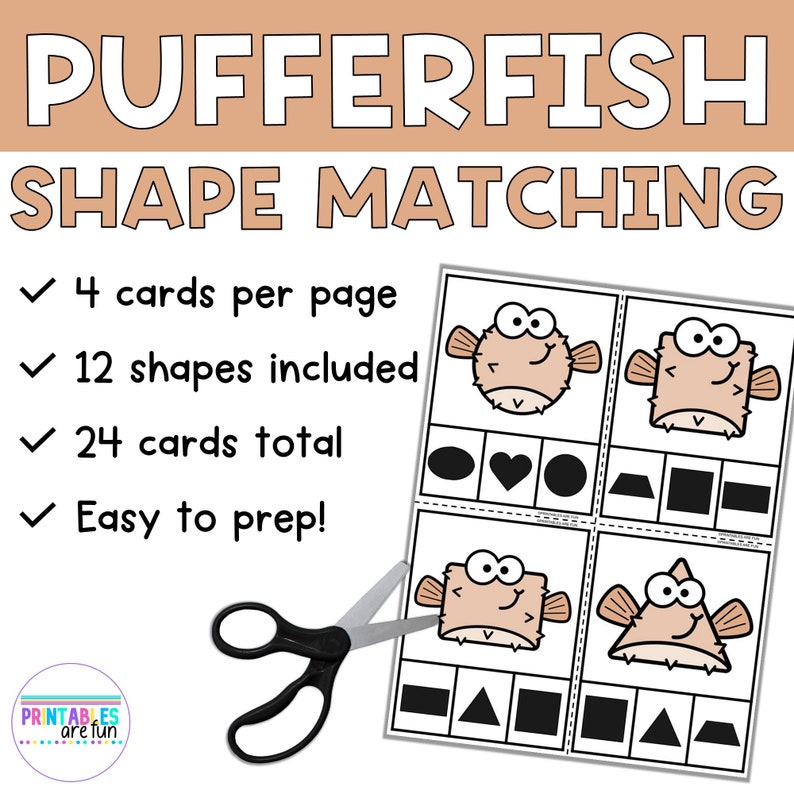 Pufferfish 2D Shape Matching Clip Cards | Printable Math Activity for ...