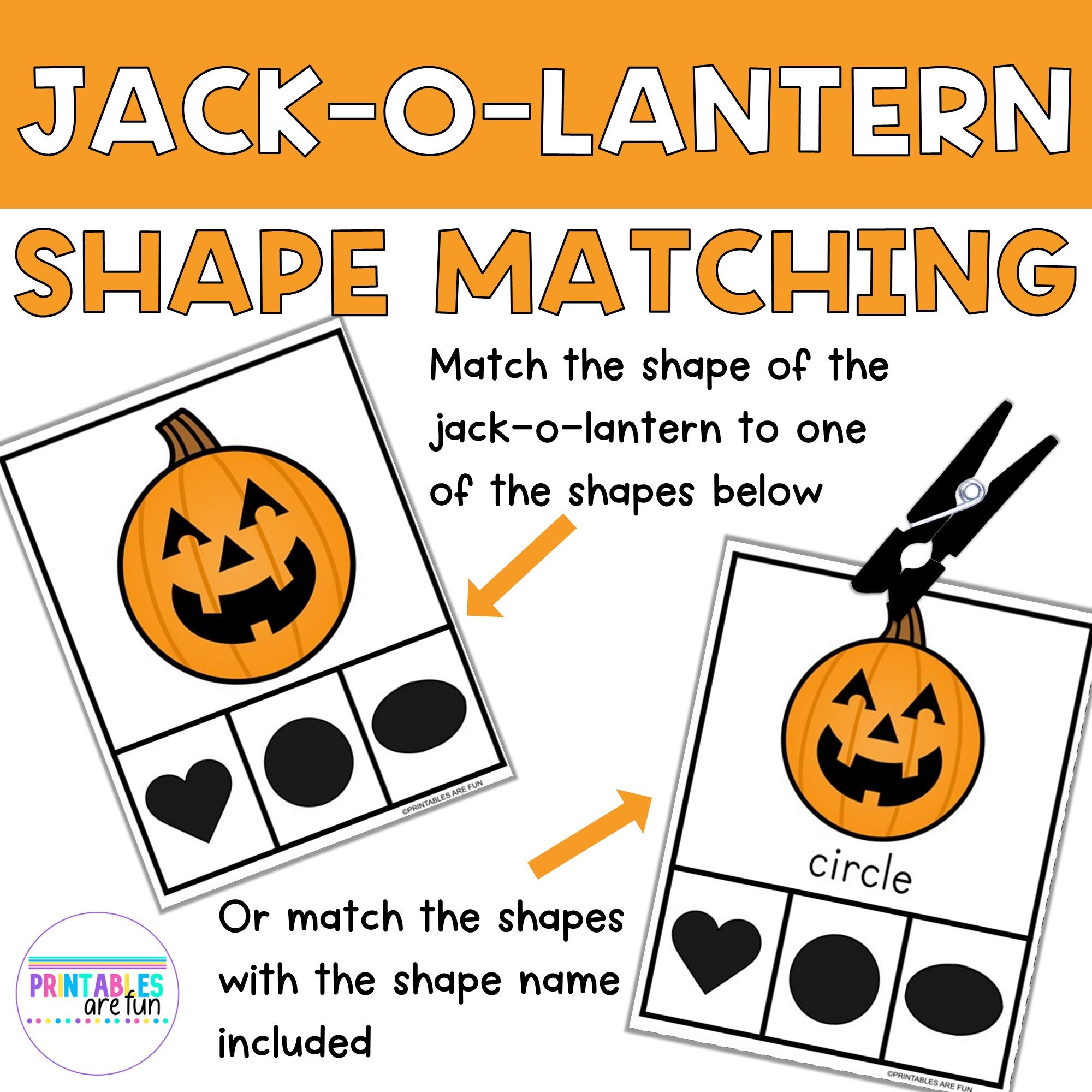 Halloween Jack-o-lantern 2D Shape Matching Clip Cards | Printable Math ...