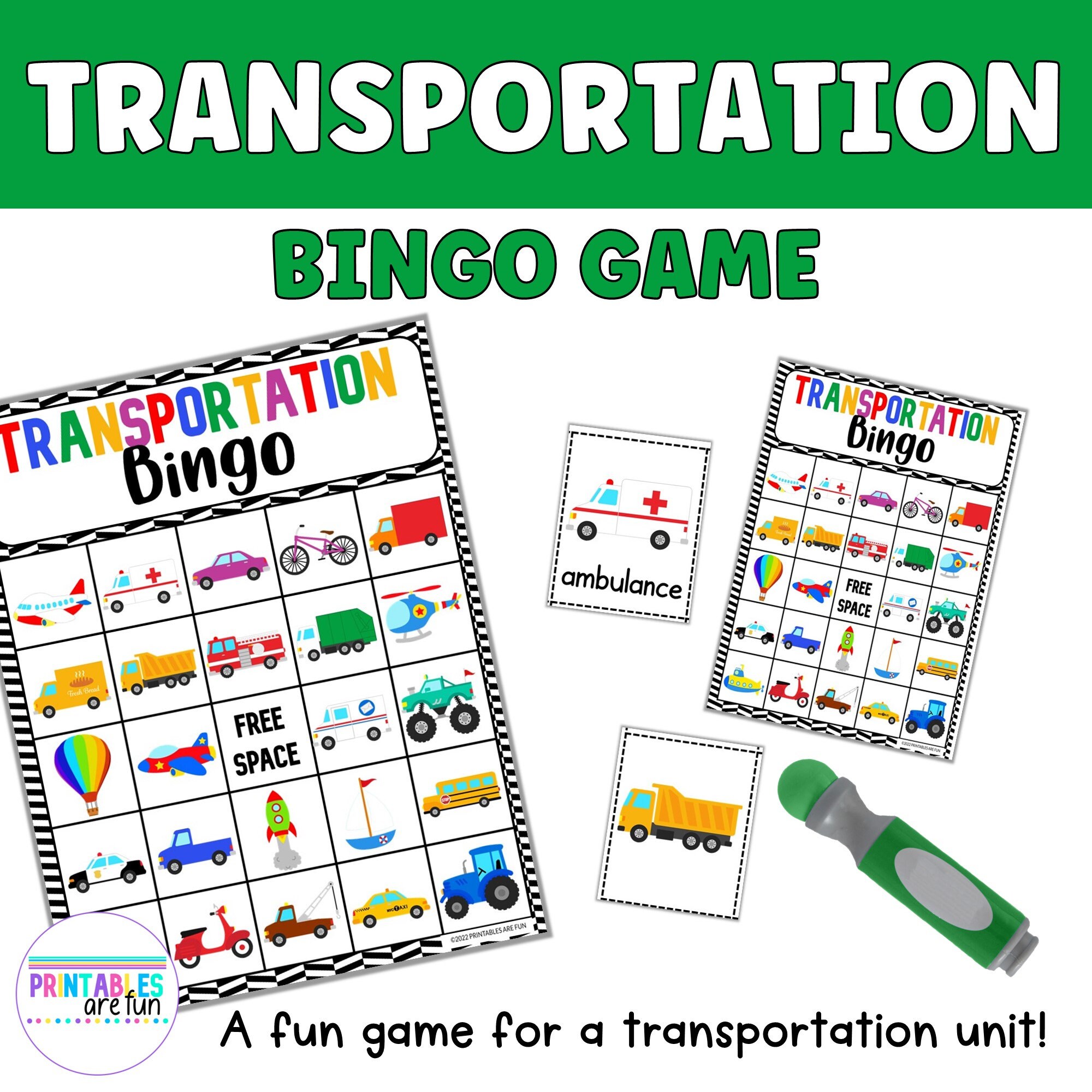 Transportation Bingo Game for Kids, Printable Games, Picture Bingo ...