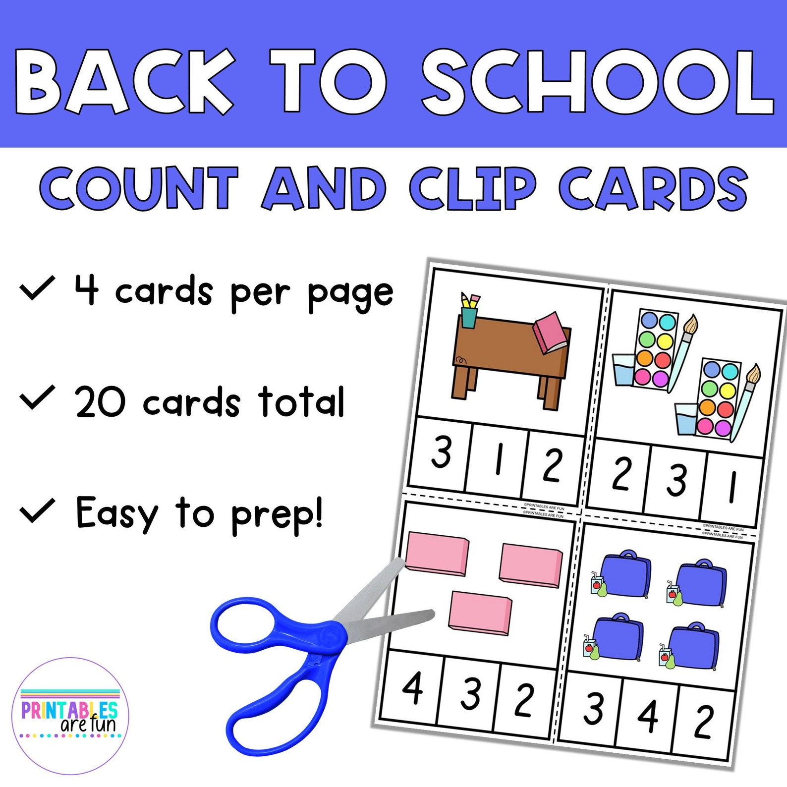 Back to School Count and Clip Cards 1-20 Math Task Cards Printable ...
