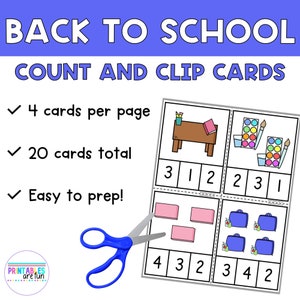 Back to School Count and Clip Cards 1-20 Math Task Cards Printable ...