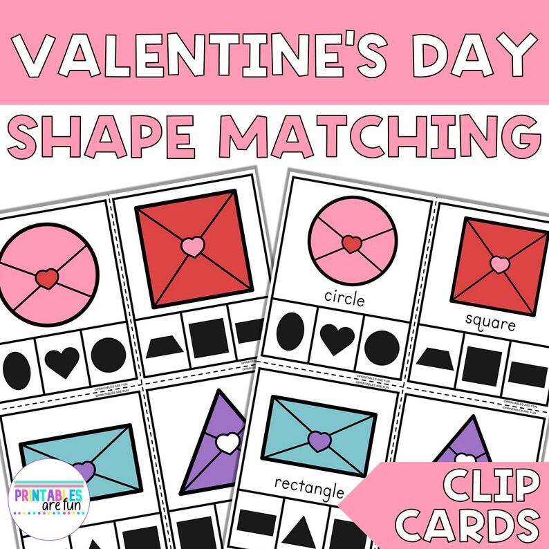 Valentine's Day 2D Shape Matching Clip Cards | Printable Math Activity ...