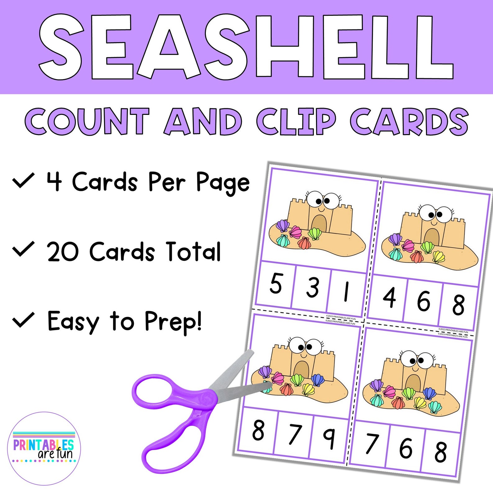 Summer Seashell Count and Clip Cards 1-10 Math Task Cards Printable ...