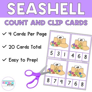 Summer Seashell Count and Clip Cards 1-10 | Math Task Cards | Printable ...