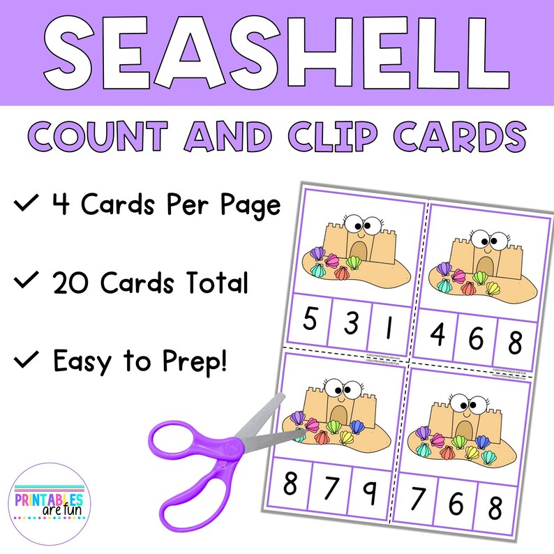 Summer Seashell Count and Clip Cards 1-10 | Math Task Cards | Printable ...