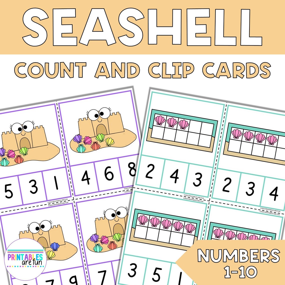 Summer Seashell Count and Clip Cards 1-10 Math Task Cards Printable ...