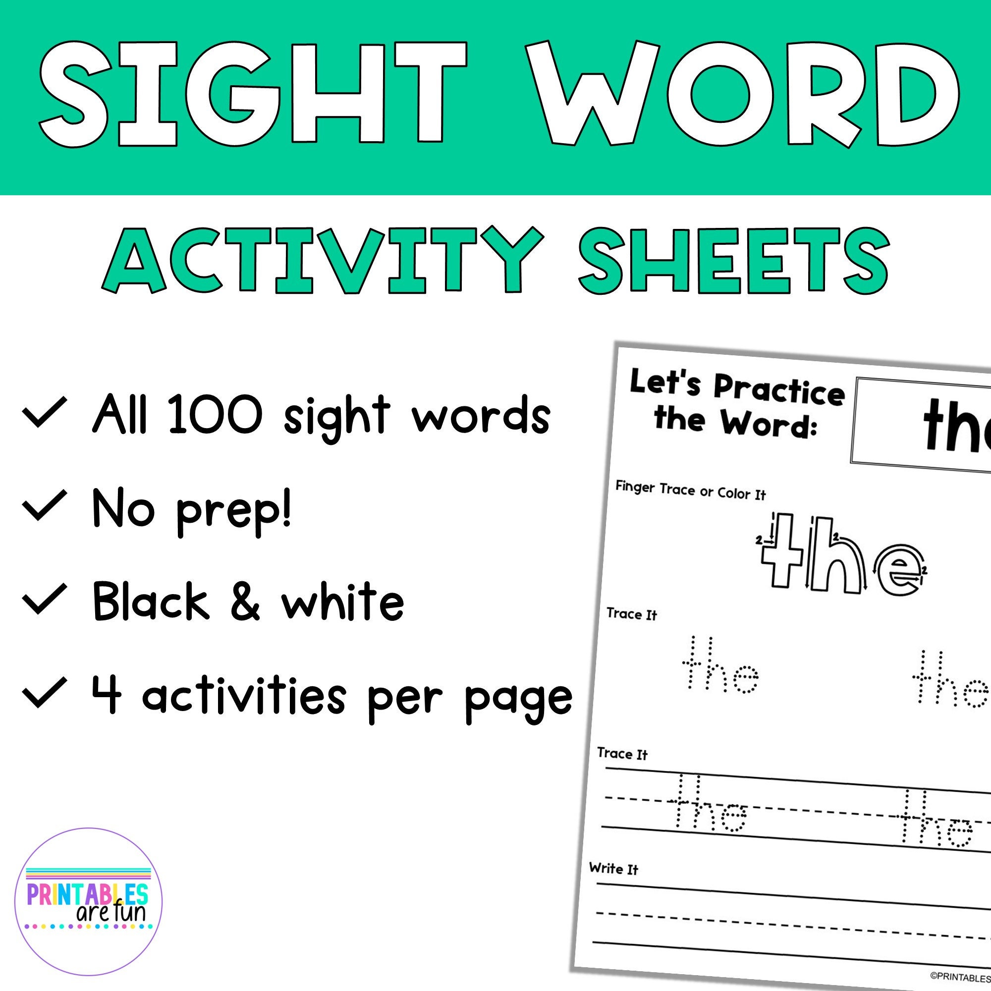 Kindergarten Sight Word Activity Sheets | Fry First 100 | High ...