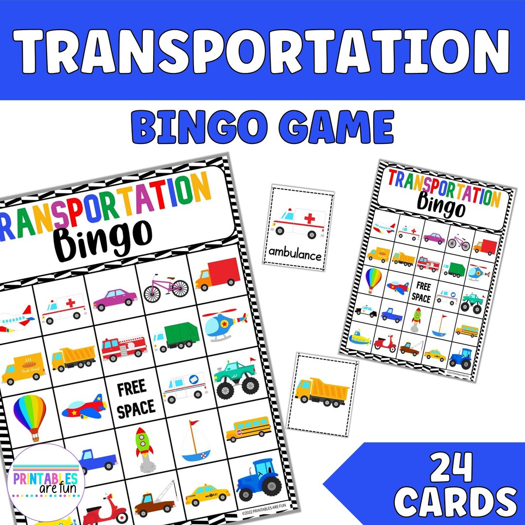 Transportation Bingo Game for Kids, Printable Games, Picture Bingo ...
