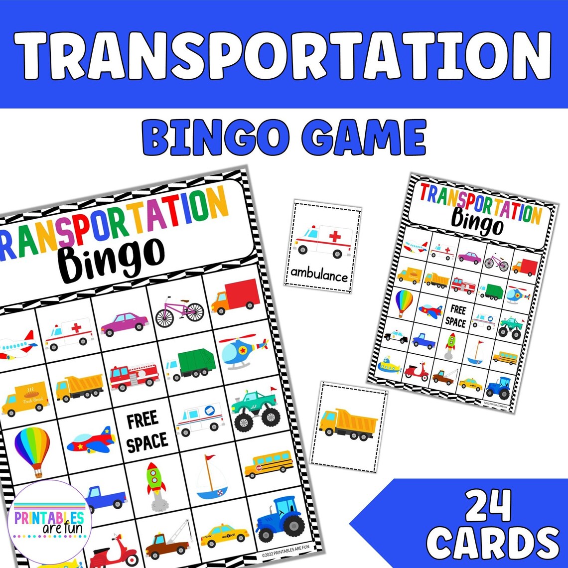 Transportation Bingo Game for Kids, Printable Games, Picture Bingo ...