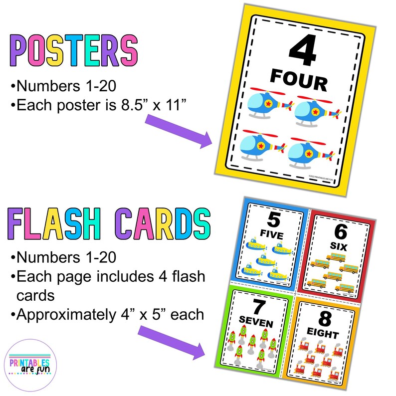 Transportation Number Posters and Flash Cards 1-20, Printable Activity ...
