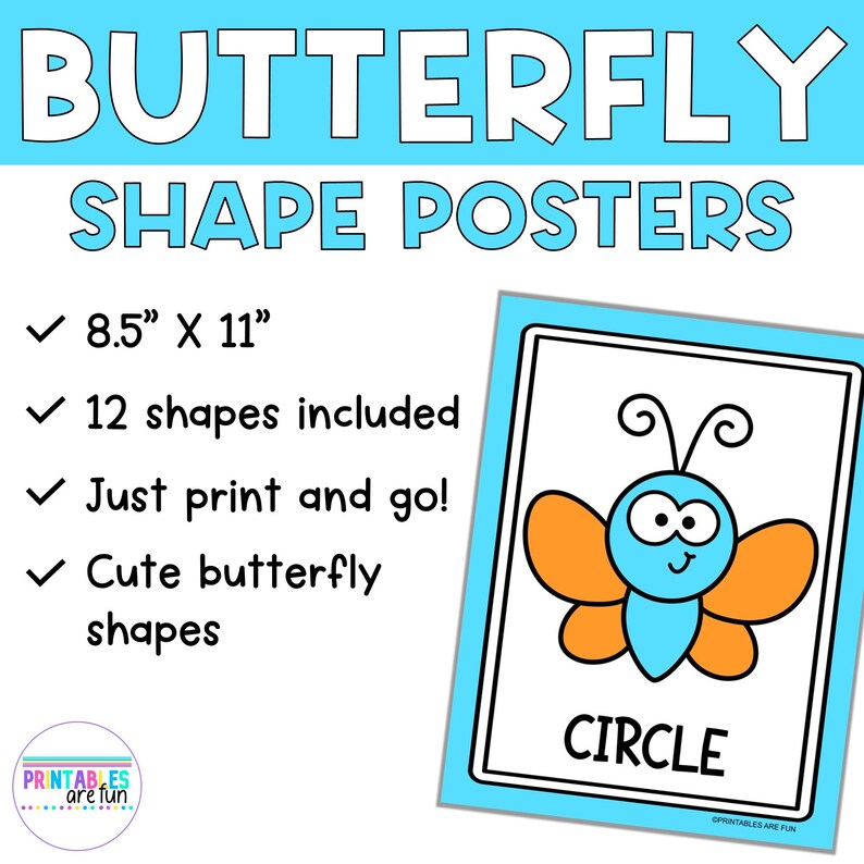 Butterfly 2D Shape Posters and Flash Cards Printable Math Activity for ...