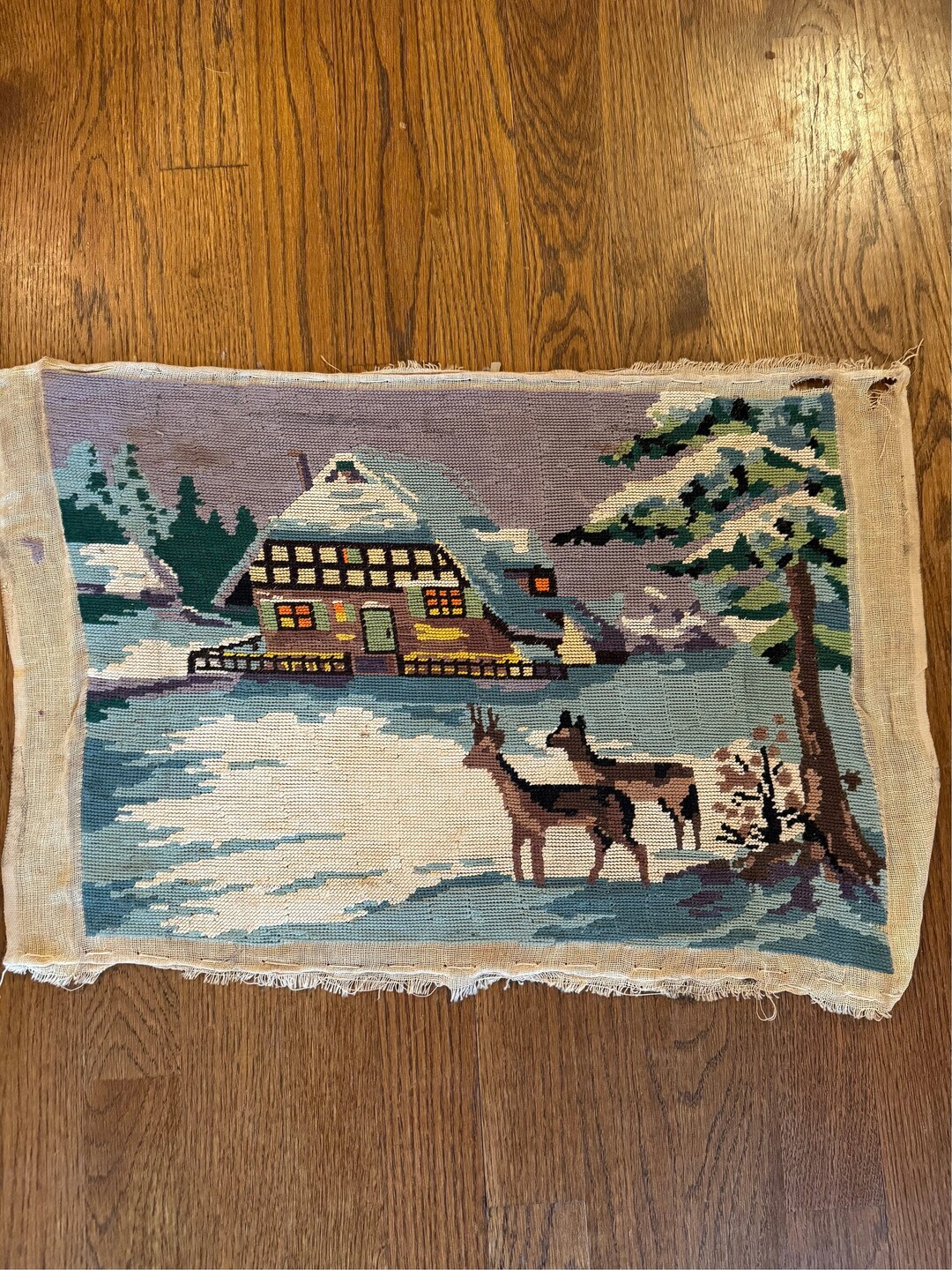Vintage Needlepoint by Royal Paris Winter Chalet Scene With Deer - Etsy