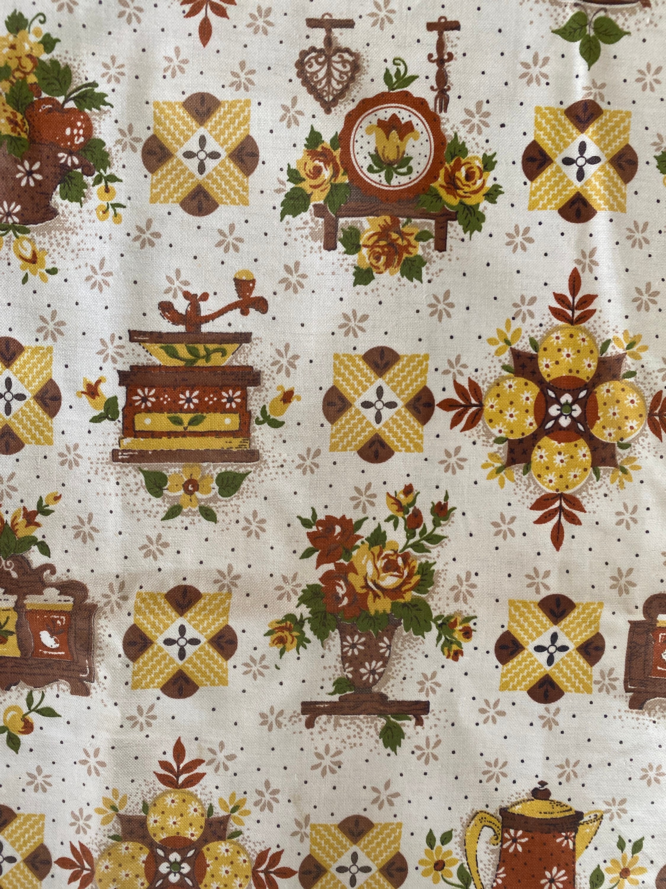 Vintage 1960’s Fabric Remnant Kitchen Themed Print With Rust, Yellow ...