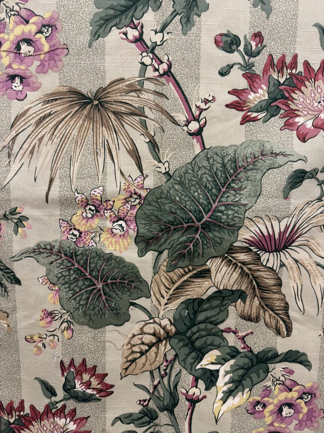 Designer Fabric Sample Floral and Foliage on Stripe - Etsy