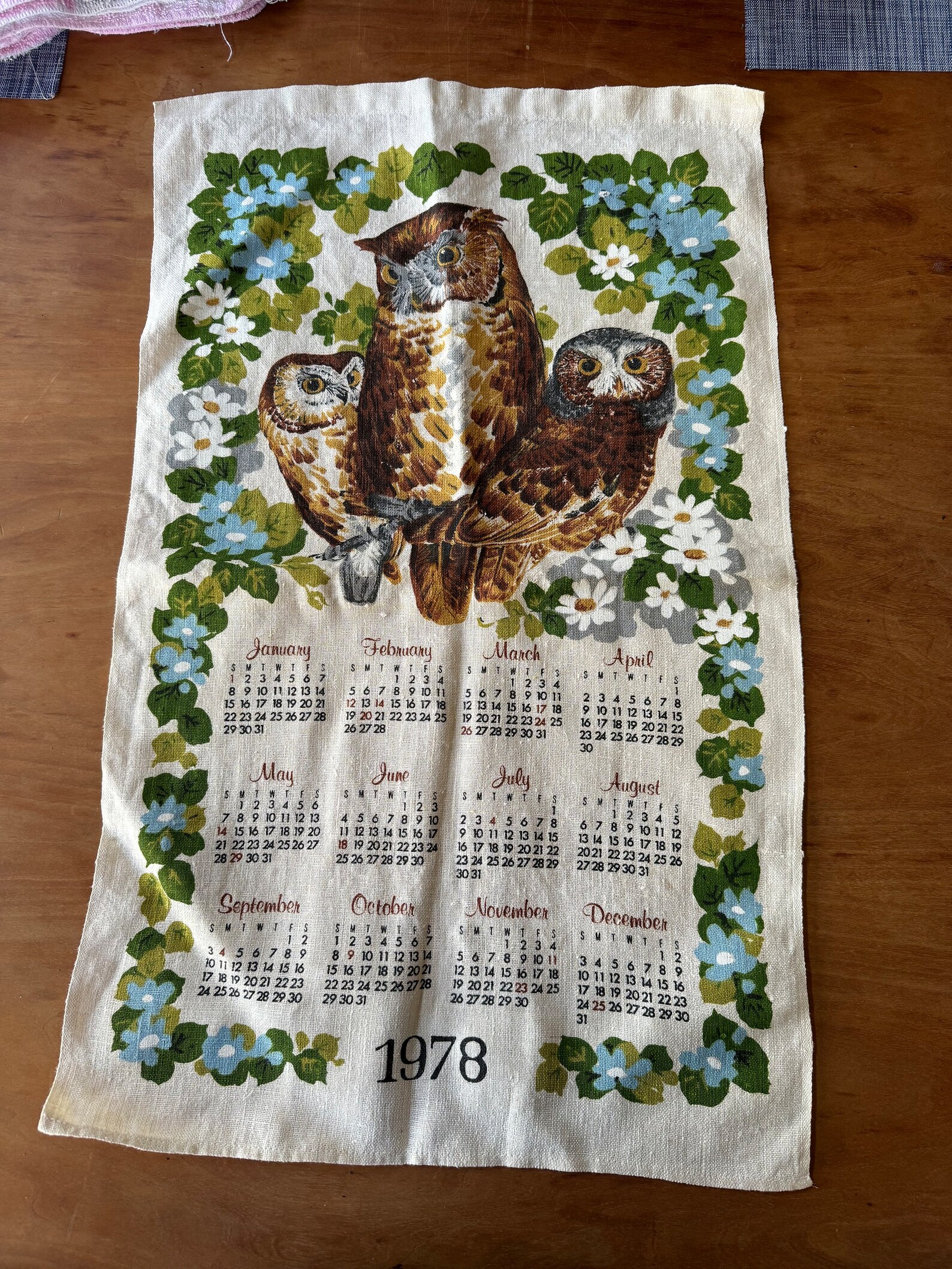 Vintage Linen 1978 Calendar With OWLS - Etsy