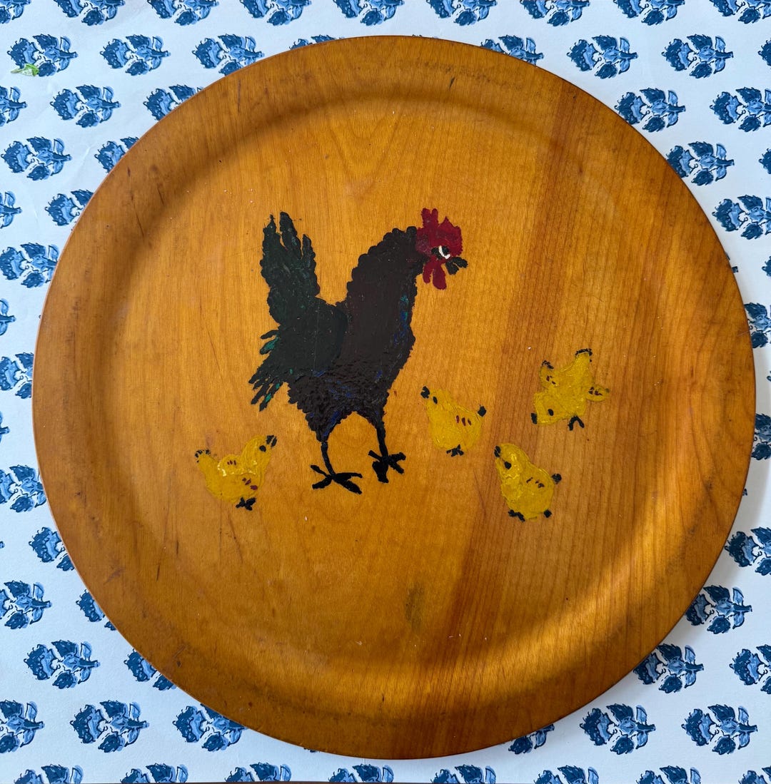 Vintage Painted Wooden Plate - Rooster and Chicks - Etsy
