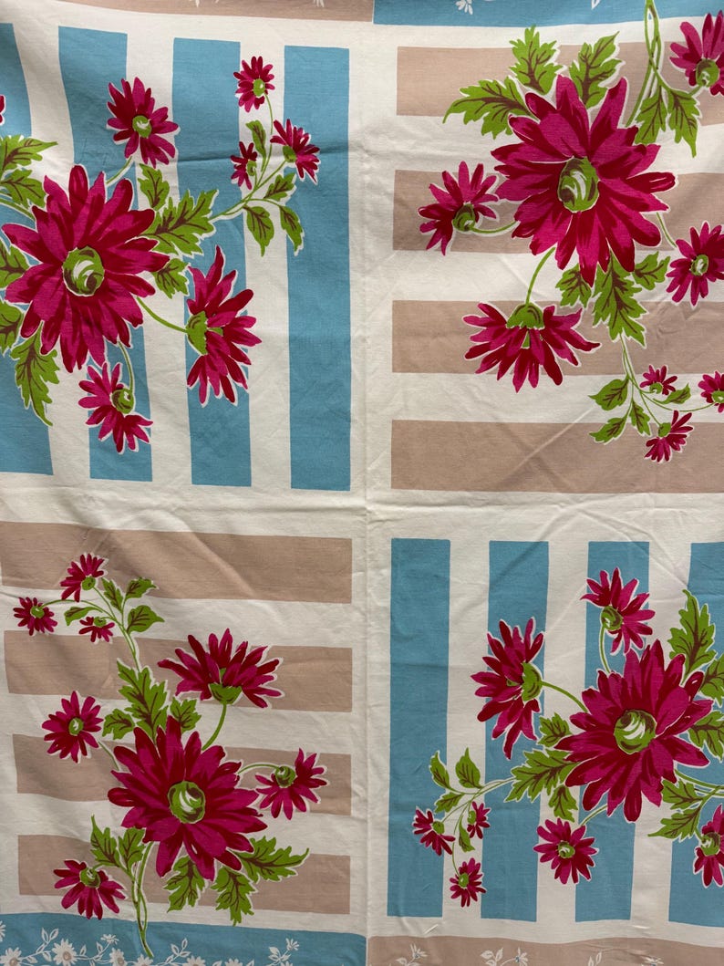 Vintage 1940s Printed Cotton Tablecloth Floral and Stripes - Etsy