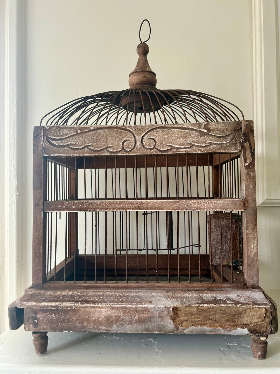 Vintage Folk Art, Primitive, Rustic Wooden Bird Cage. Display/ Planter ...