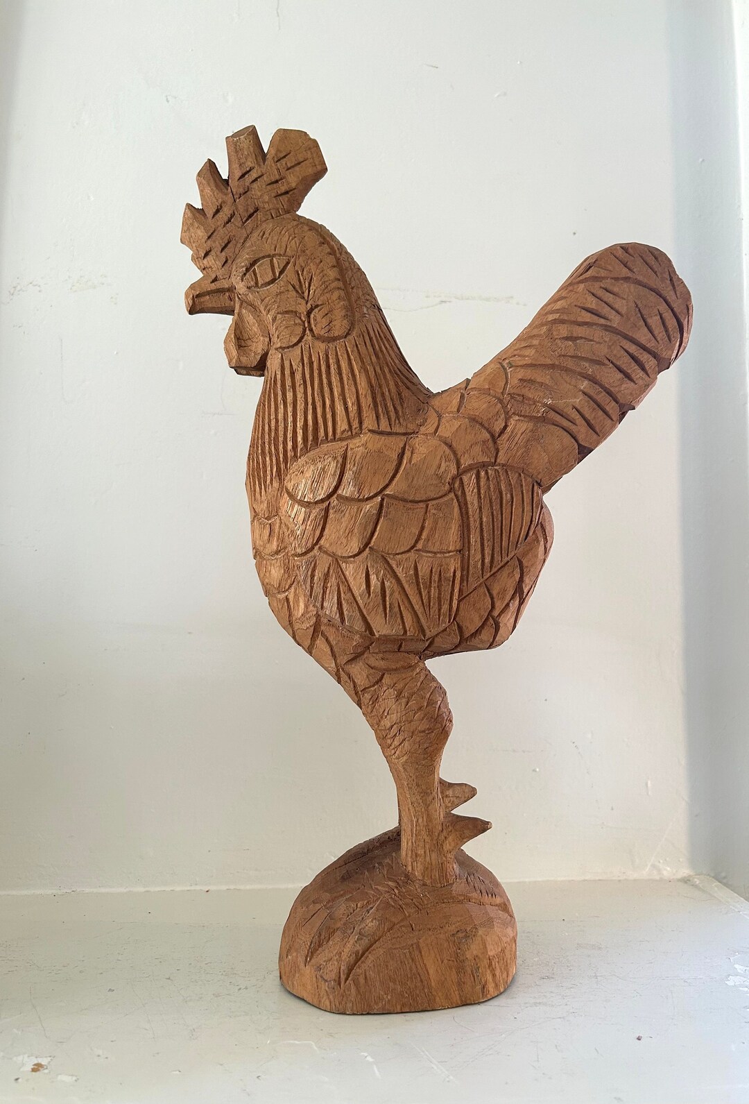 Vintage Hand Carved Wooden Rooster, Statue Folk Art, Rustic Decor, Wood ...