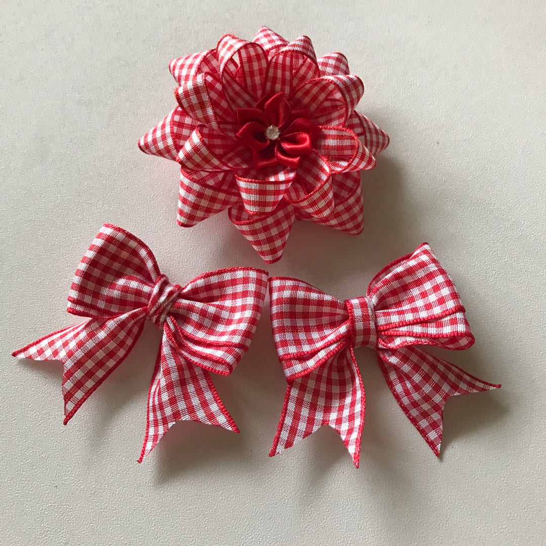 Red and White Check Gingham School Girls Flower Clip and Double Bow Set ...