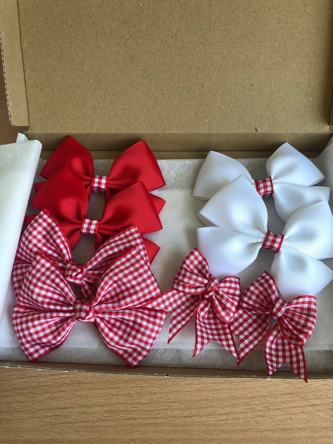 School Gingham Hair Bow Set, Red and White, Navy Blue, Green, Purple ...