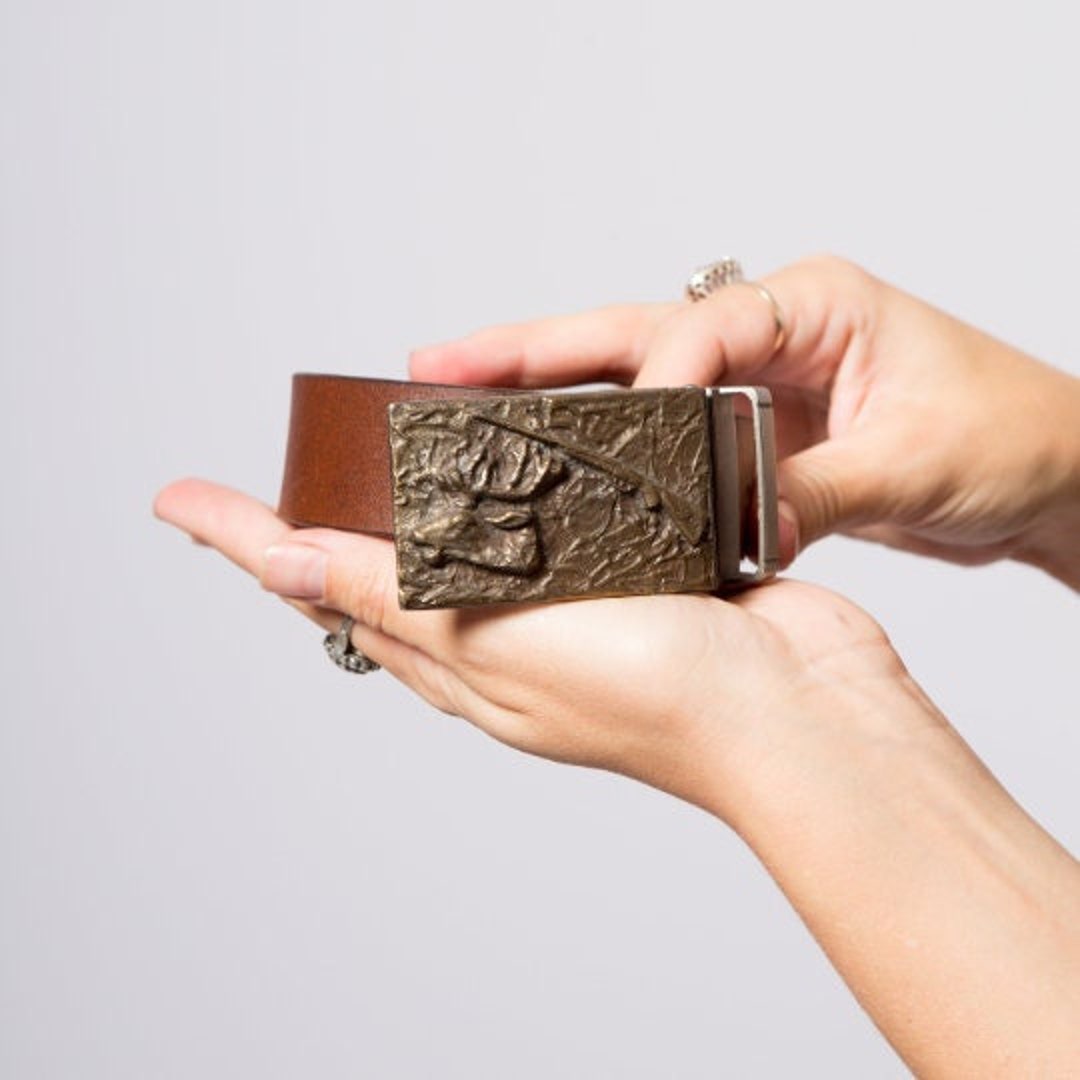 Vintage Brown Leather Belt Orante Belt Buckle Dear and Gun Metal Buckle ...