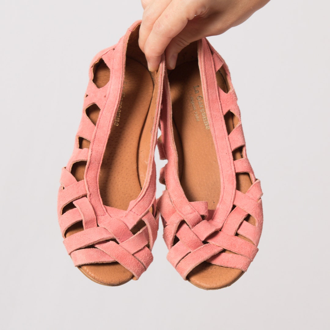 LA GARCONNE Pink Suede Sandals Braided Sandals Suede Leather Ballet ...