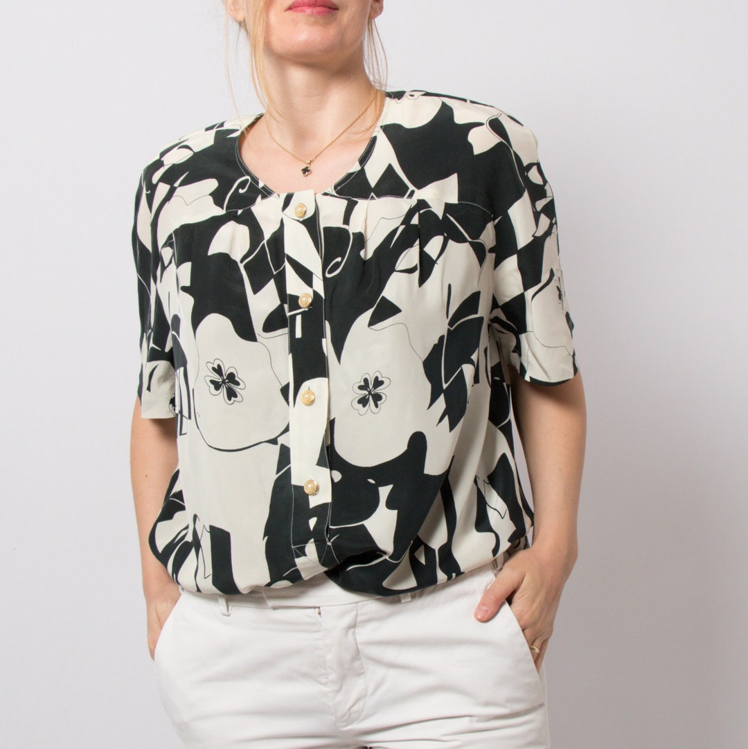 Vintage Silk Button Down Shirt White Silk Blouse With Black - Etsy