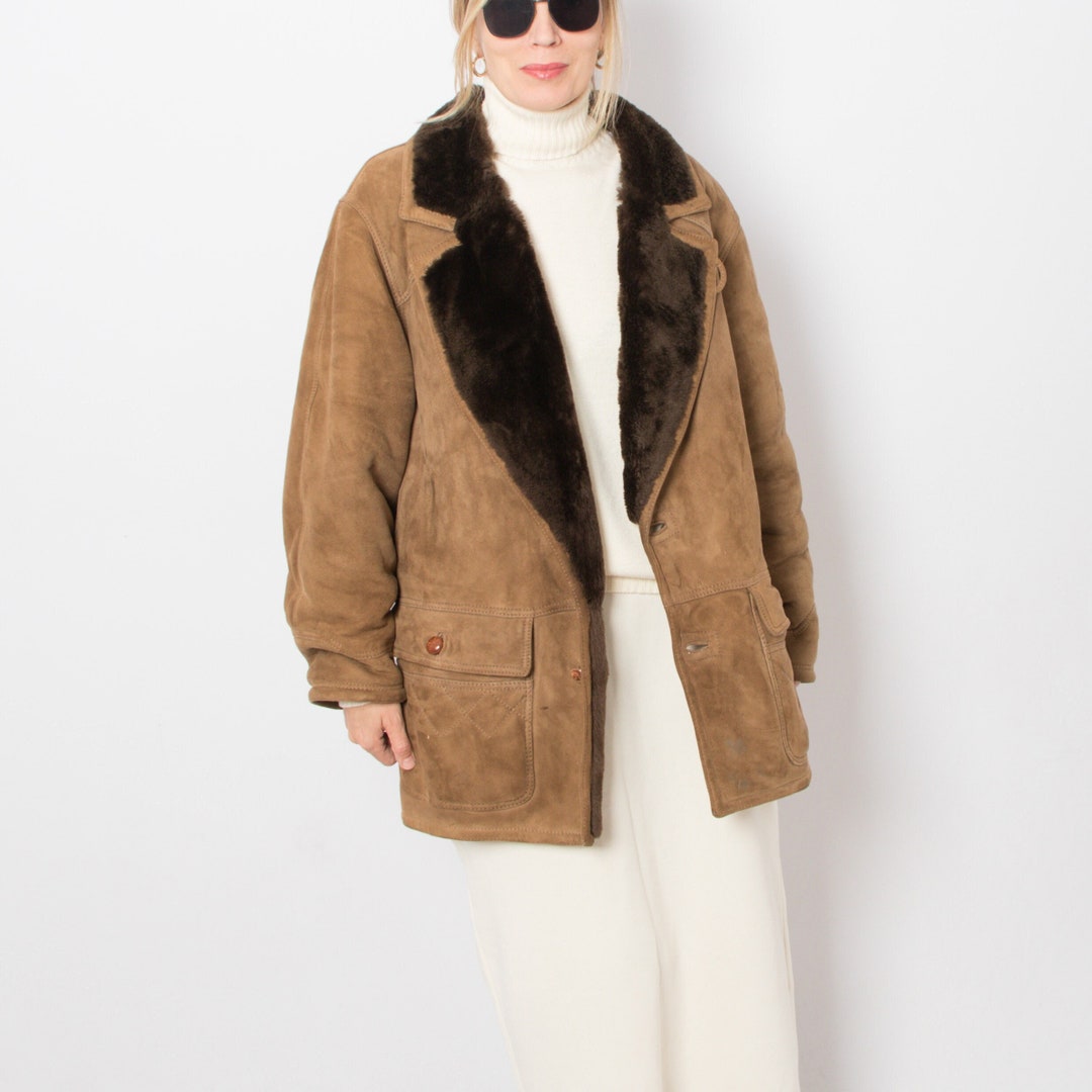 Vintage Brown Shearling Coat Women Suede Shearling Sheepskin Oversized Will Fit Medium Large ...