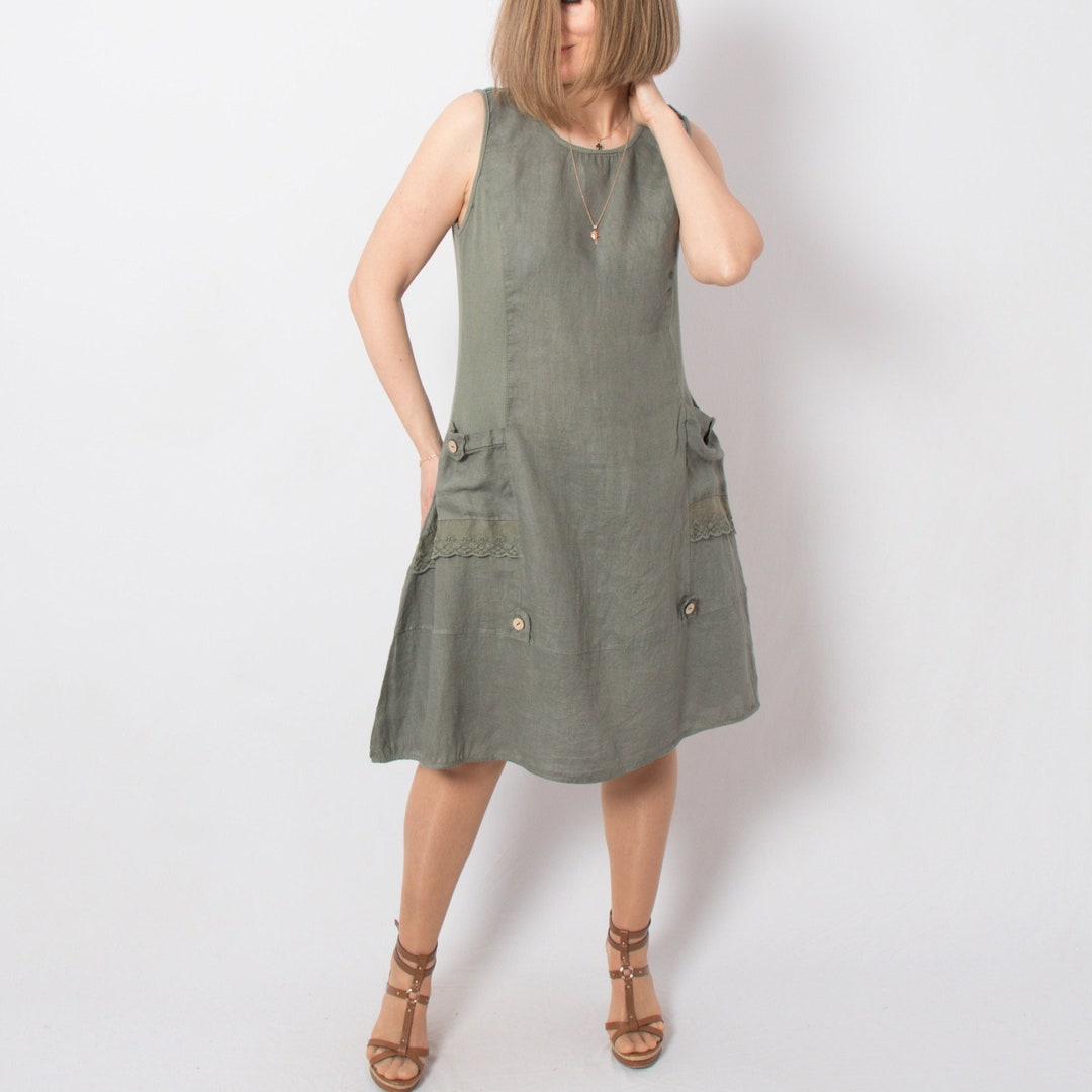 Vintage Sage Green Dress Linen Sundress Medium Size Minimalist Summer ...