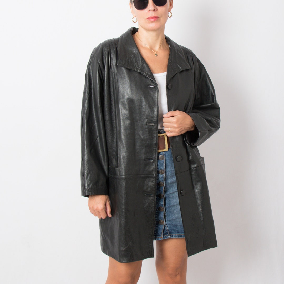 90s Long Leather Jacket Womens Black Leather Jacket Grunge Jacket ...