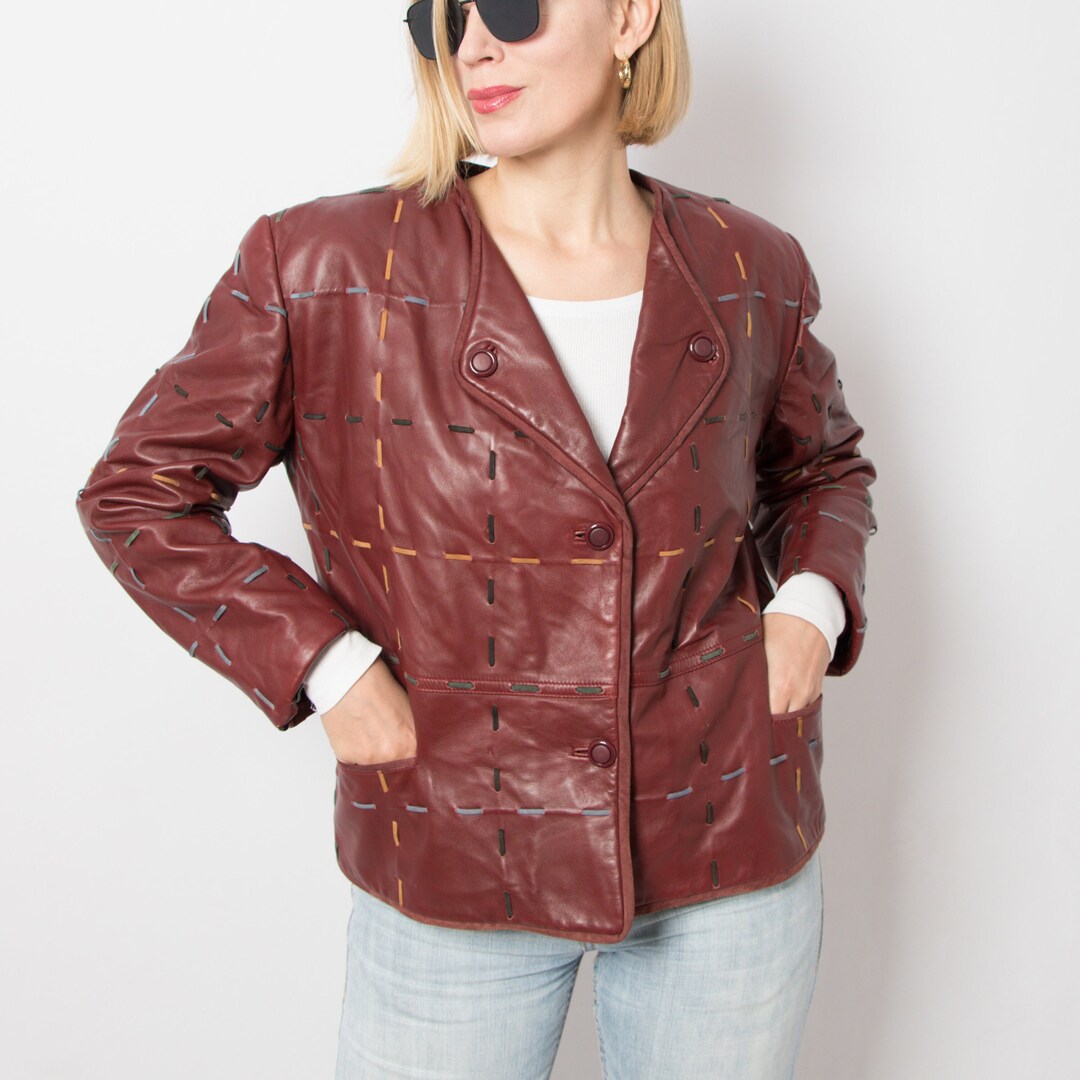 Italian 90s Burgundy Leather Jacket Dark Red Leather Jacket Women Crop ...
