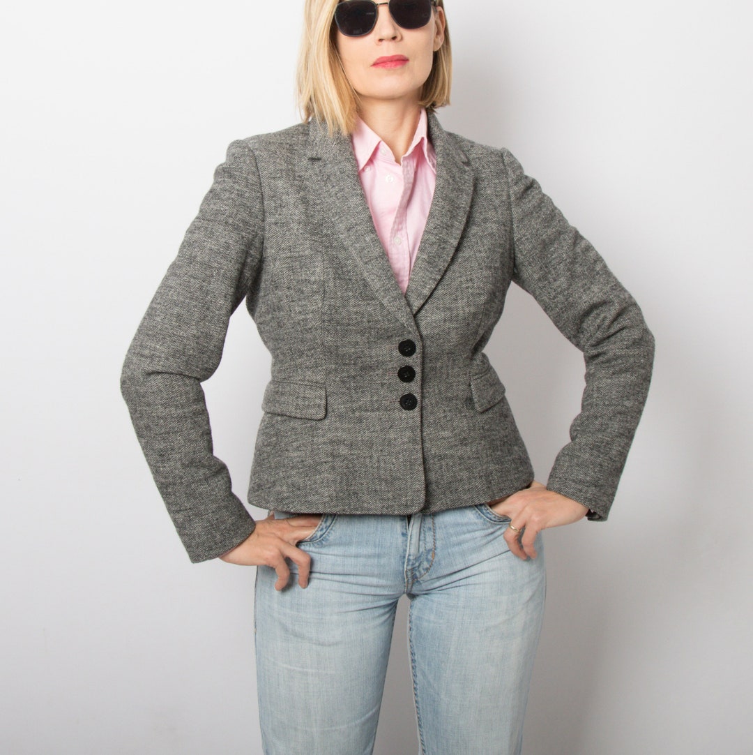 Classic Grey Wool Herringbone Jacket Tweed Blazer Women Wool Grey Tweed ...